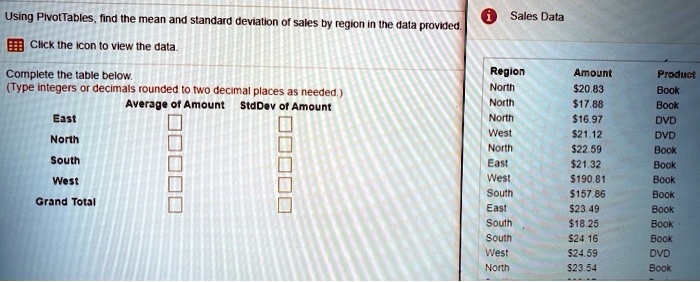 SOLVED: Using PivotTables, find the mean and standard deviation of sales by region. Click the ...