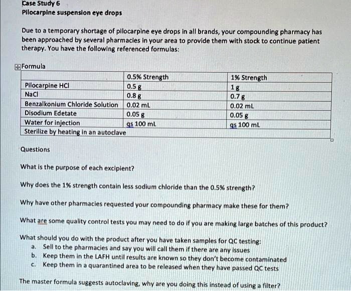 SOLVED: Case Study 6 Pilocarpine suspension eye drops Due to a temporary shortage of pilocarpine ...