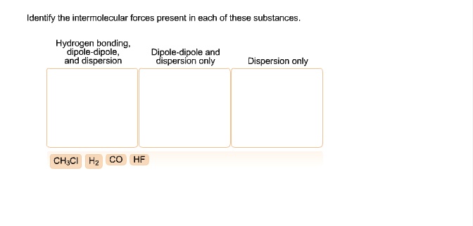 SOLVED: Identify the intermolecular forces present each of these ...
