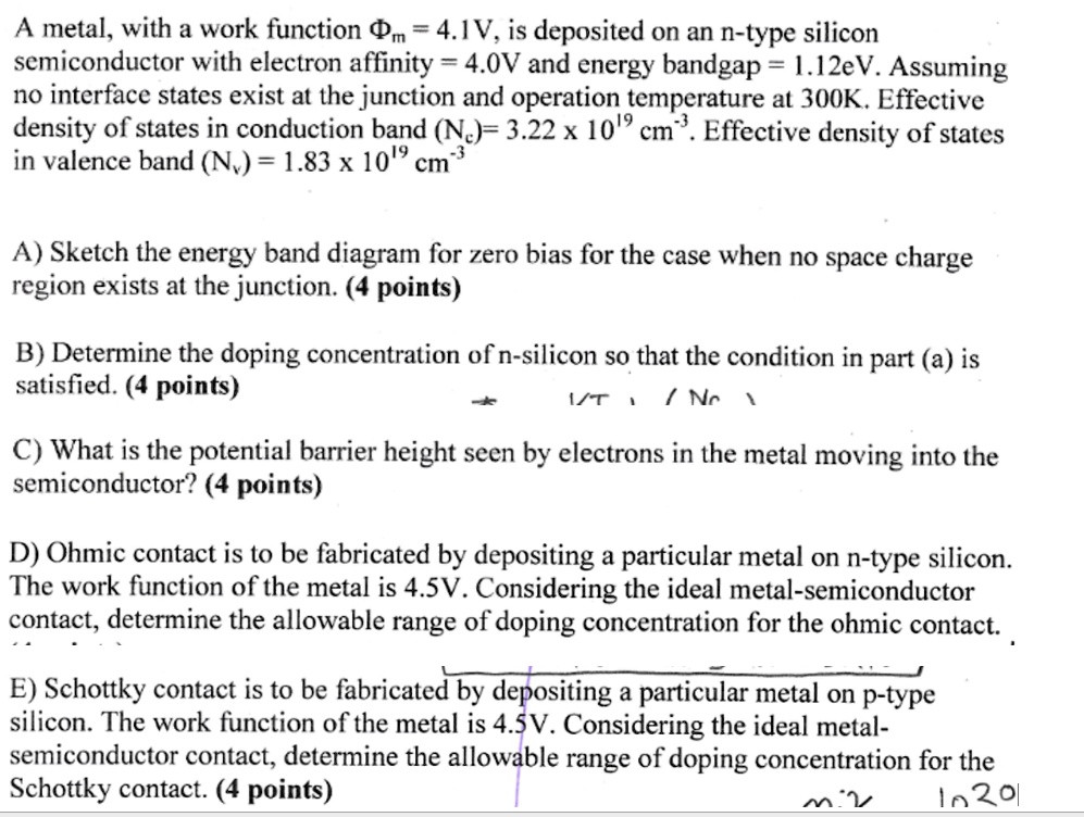 a metal with a work function m 41v is deposited on an n type silicon ...