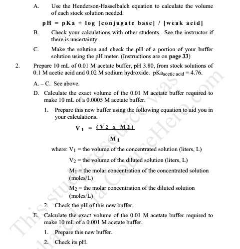 SOLVED: BIOCHEMISTRY: PREPARATION OF BUFFERS Use the Henderson-Hasselbalch equation to calculate ...