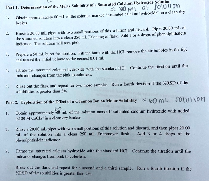 SOLVED: Solution Part Determination of the Molar Solubility ofa Saturated Calcium Hydratide joiu ...