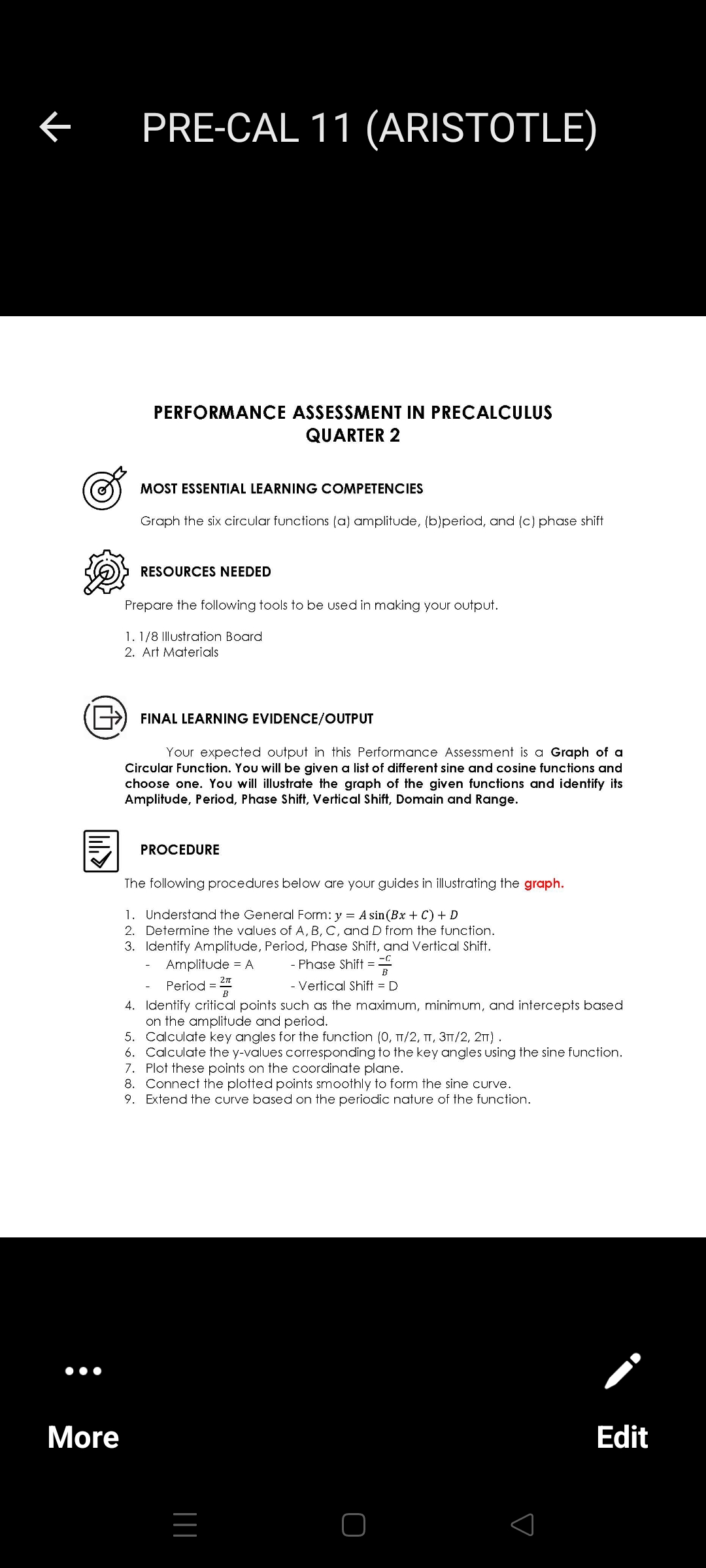 SOLVED: PRE-CAL 11 (ARISTOTLE) PERFORMANCE ASSESSMENT IN PRECALCULUS ...