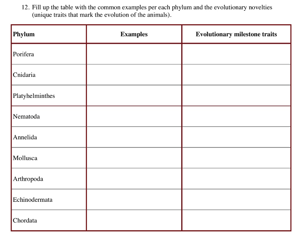 SOLVED: 12. Fill up the table with the common examples per each phylum and the evolutionary ...