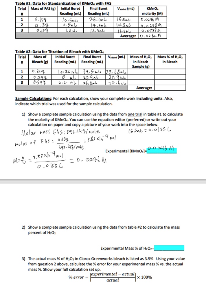 table 1 data for standardization of kmno4 with fas table 2 data for ...