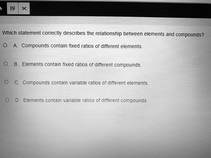 SOLVED: Which statement correctly describes the relationship between elements and compounds ...