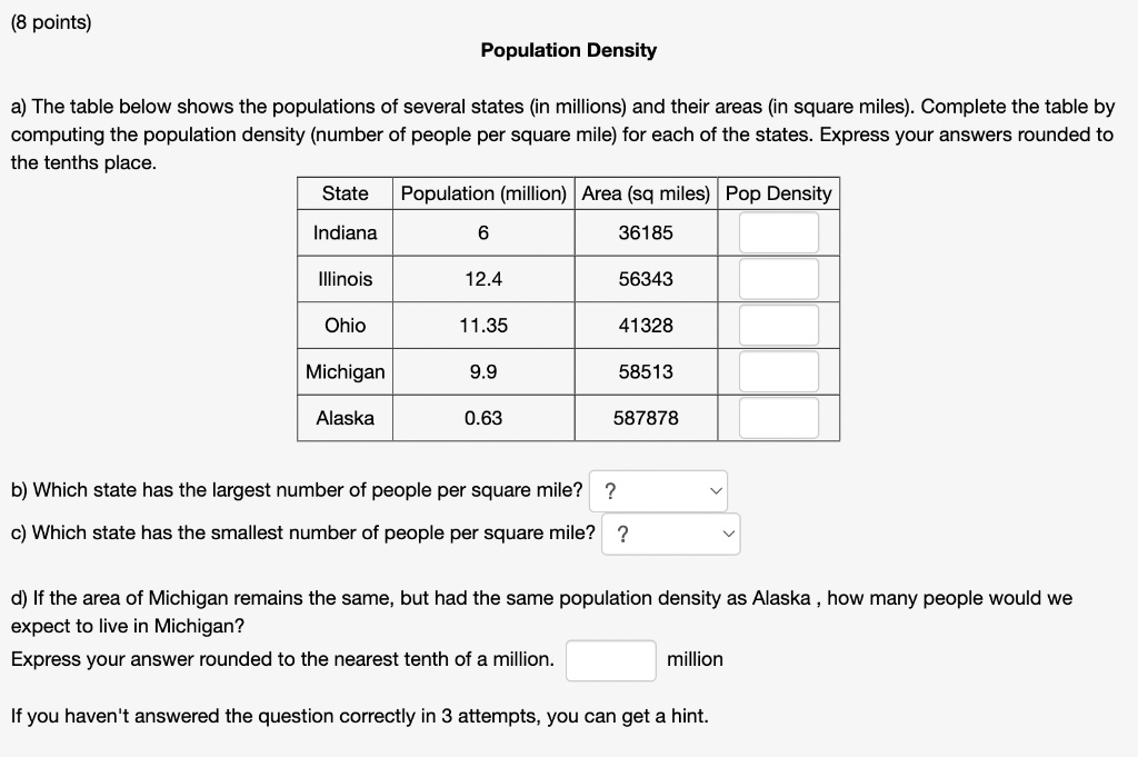 points population density a the table below shows the populations of ...
