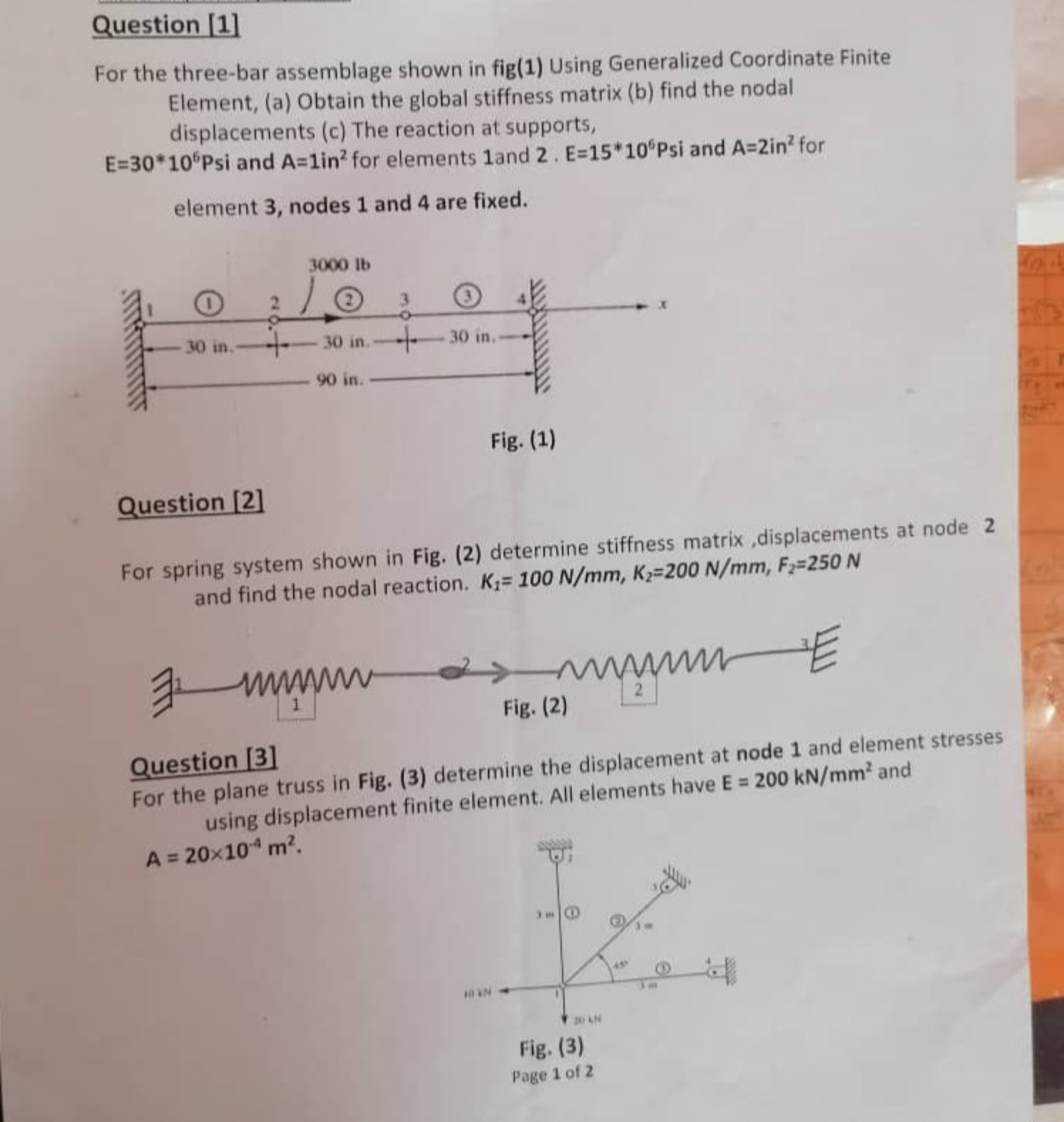 Question [1] For the three-bar assemblage shown in fig(1) Using Generalized Coordinate Finite ...