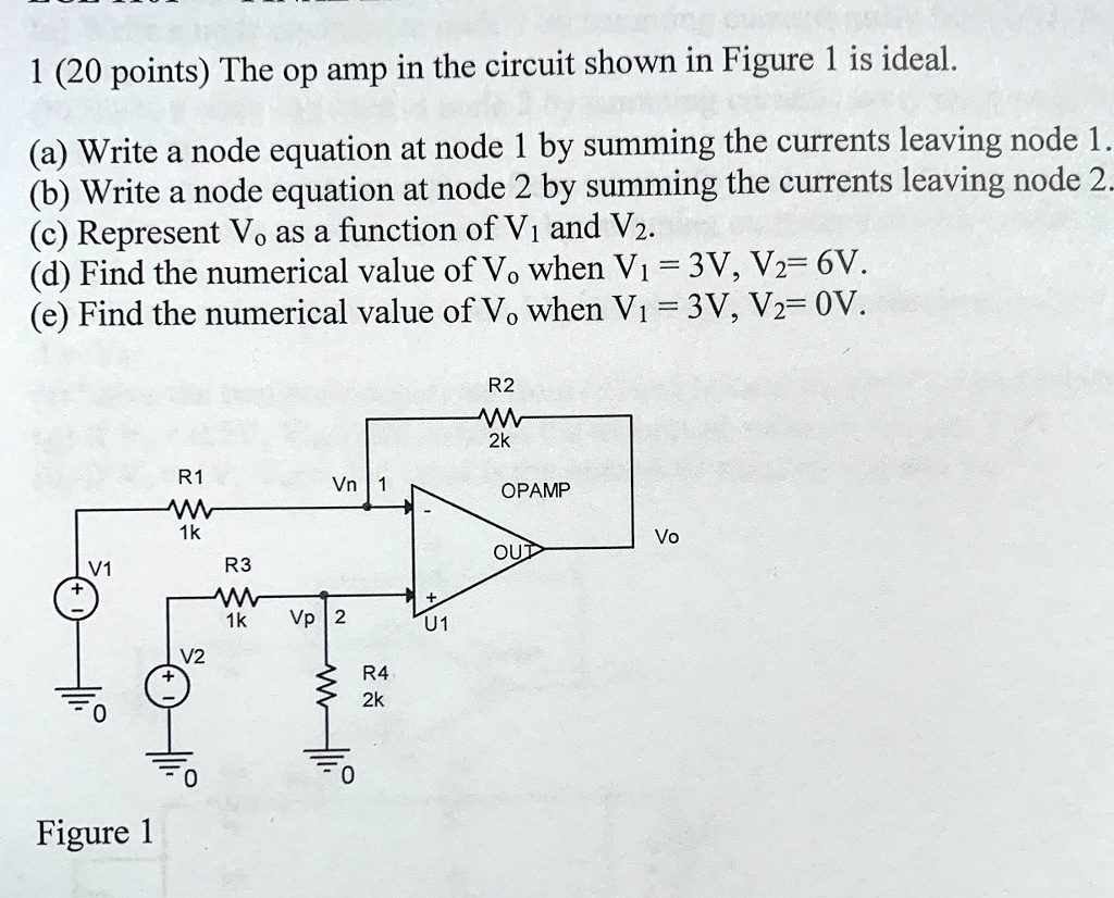 SOLVED: The op amp in the circuit shown in Figure 1 is ideal. (a) Write a node equation at node ...