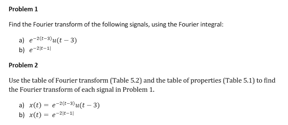 SOLVED: Problem 1 Find the Fourier transform of the following signals ...
