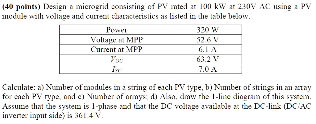 SOLVED: (40 points) Design a microgrid consisting of PV rated at 100 kW at 230V AC using a PV ...