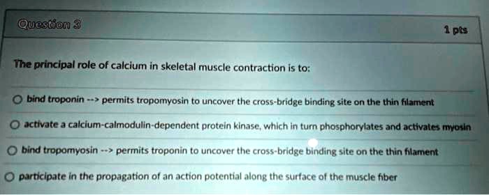 SOLVED: The principal role of calcium in skeletal muscle contraction is to: - bind troponin ...
