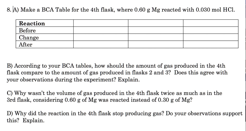 SOLVED:8_ A) Make a BCA Table for the 4th flask; where 0.60 g Mg ...