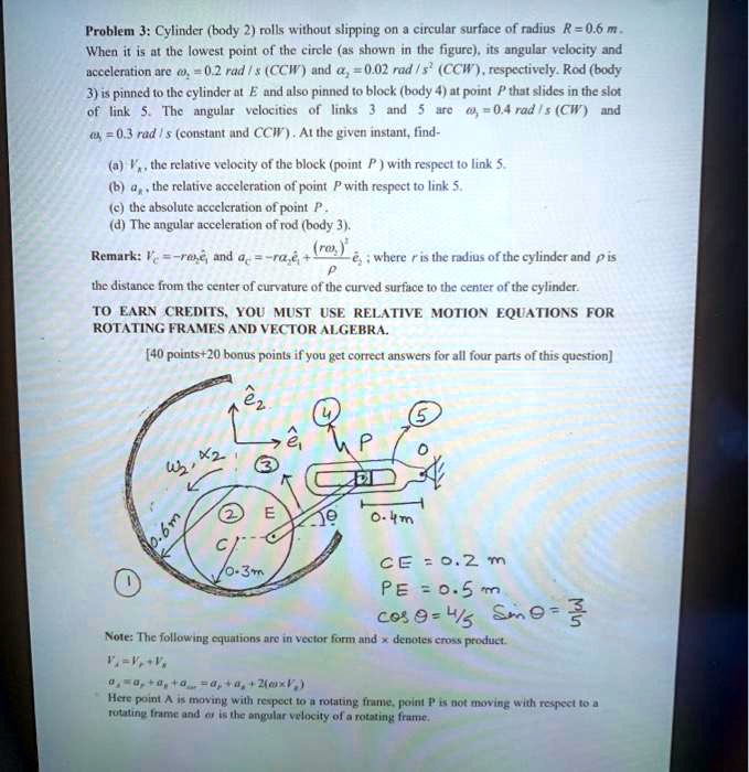 SOLVED: Problem 3: Cylinder (body 2 rolls without slipping on a circular surface of radius R = 0 ...