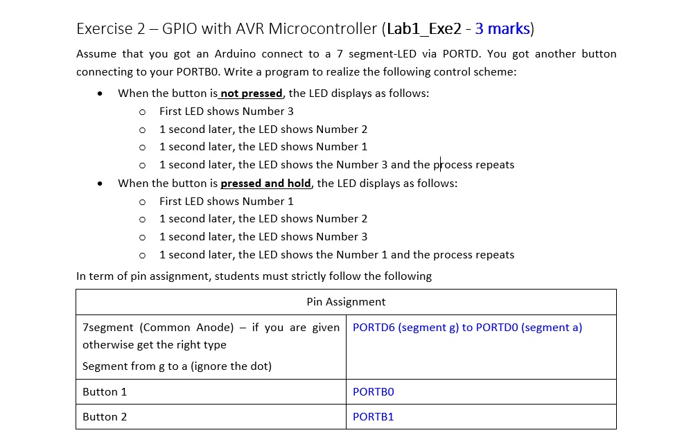 Exercise 2 Gpio With Avr Microcontroller Lab1exe2 3 Marks Assume That You Got An Arduino