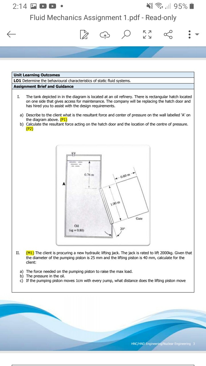 Fluid Mechanics Assignment 1.pdf - Read-only ∞0^0 II. (M1) The dient is ...