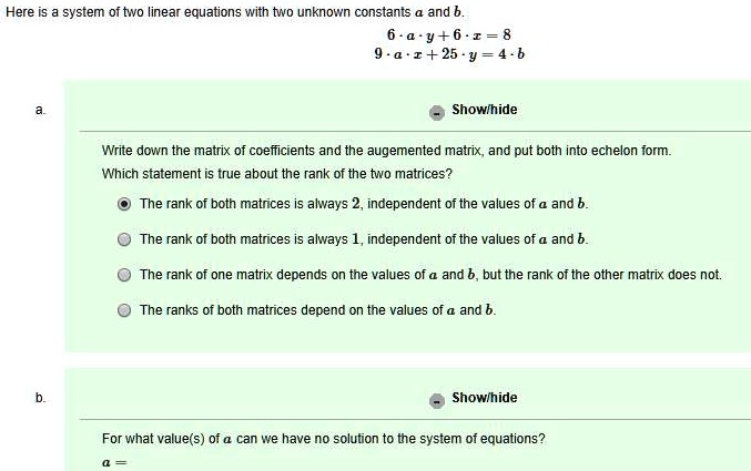 SOLVED: Here is a system of two linear equations with two unknown constants and âˆš(a-9+6) = 80. ...