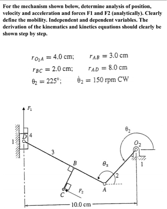 For the mechanism shown below, determine analysis of position, velocity and acceleration and ...