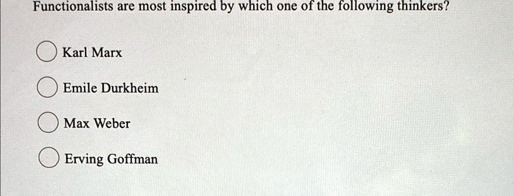 SOLVED: Functionalists are most inspired by which one of the following ...