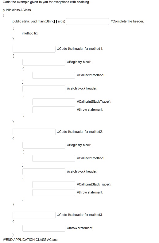 Solved Code The Example Given Exceptions With Chaining Public Class Aclass Public Static Void