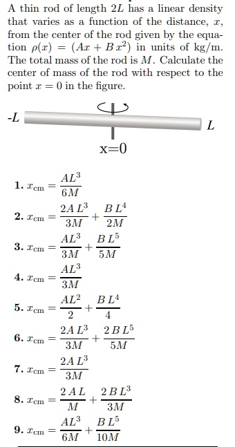 A thin rod of length 2L has a linear density that varies as a function ...