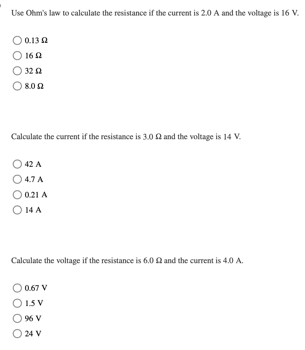 use ohms law to calculate the resistance if the current is 20 mathrma ...