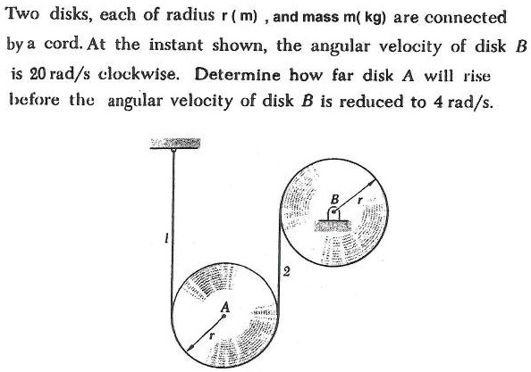 Two disks, each of radius r (m), and mass m(kg) are connected by a cord. At the instant shown ...