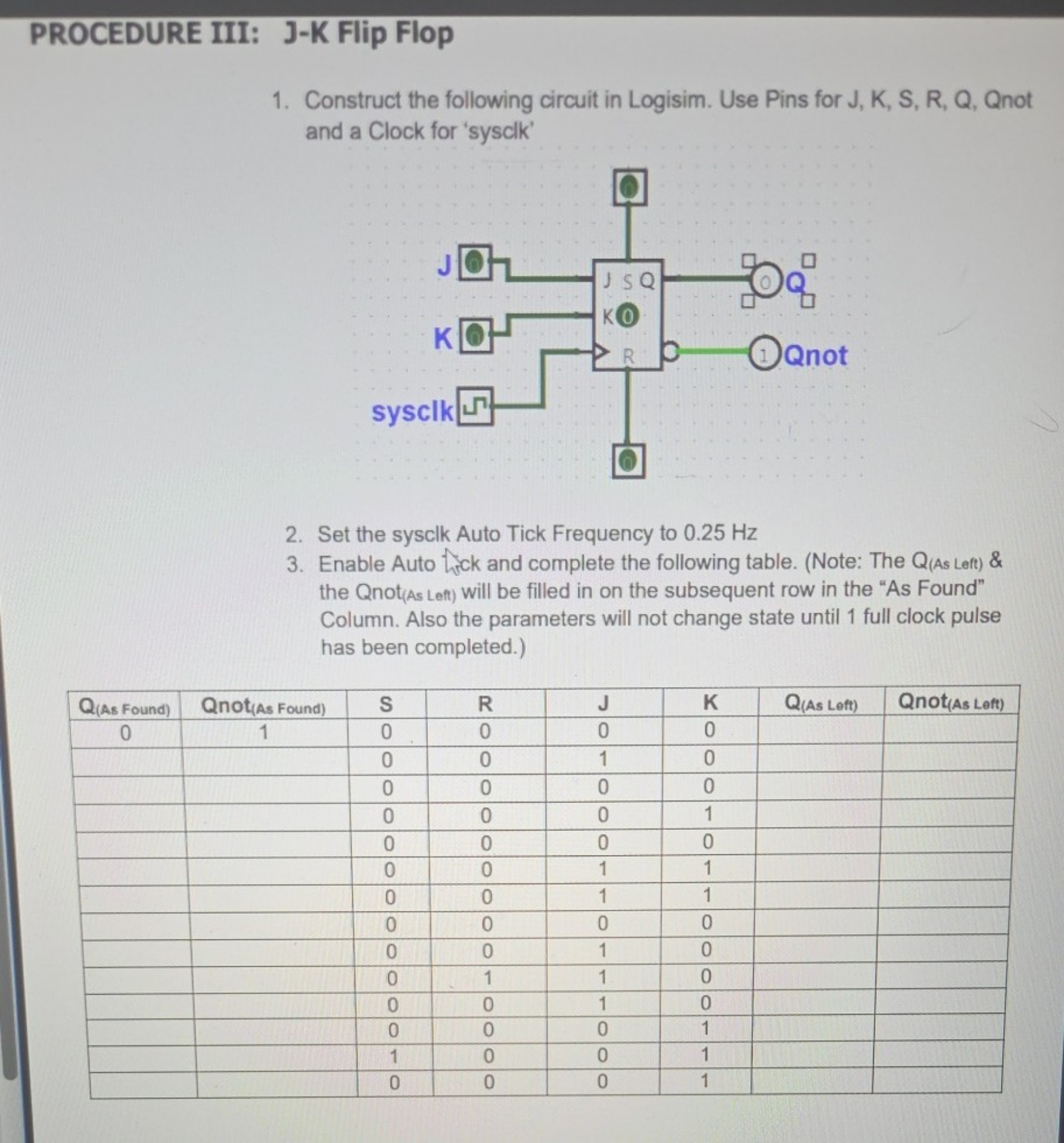 PROCEDURE III: J-K Flip Flop 1. Construct the following circuit in ...