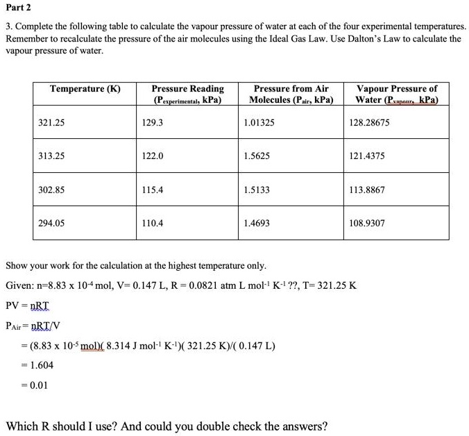 part 2 complete the following table to calculate the vapour pressure of ...