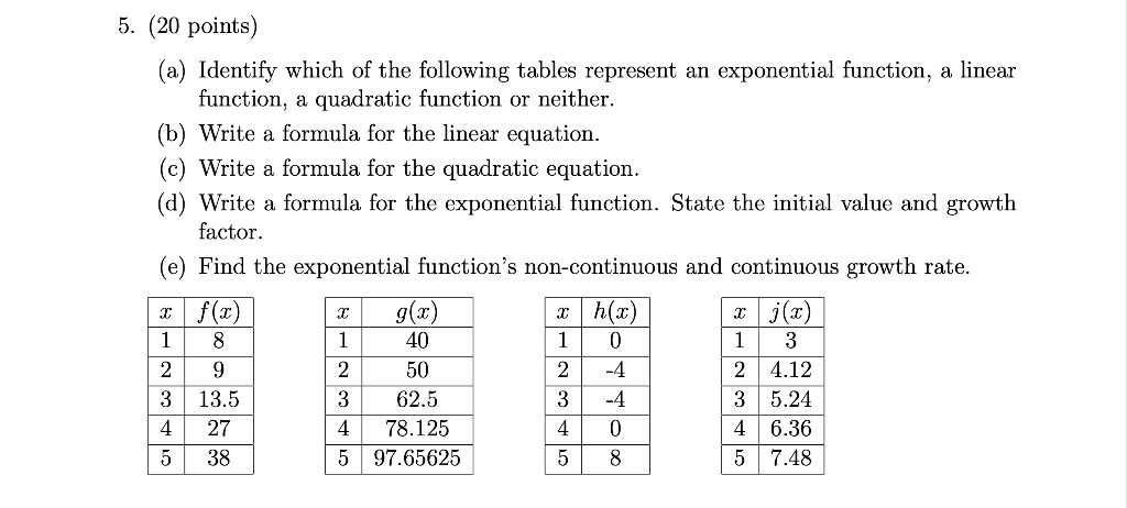 SOLVED: 5. (20 points) Identify which of the following tables represent an exponential function ...