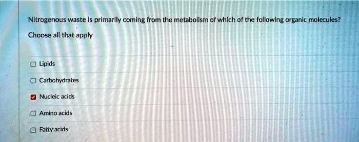 SOLVED: Nitrogenous waste is primarily coming from the metabolism of ...