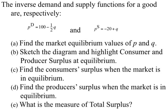 SOLVED: The inverse demand and supply functions for a good are ...