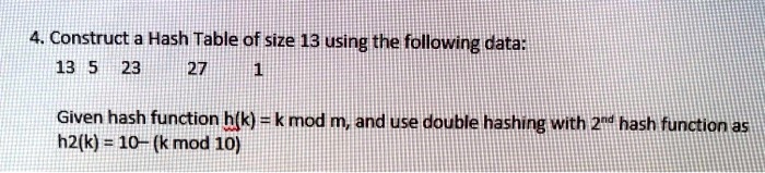 4 Construct A Hash Table Of Size 13 Using The Following Data 13 5 23 27 1 Given Hash Function