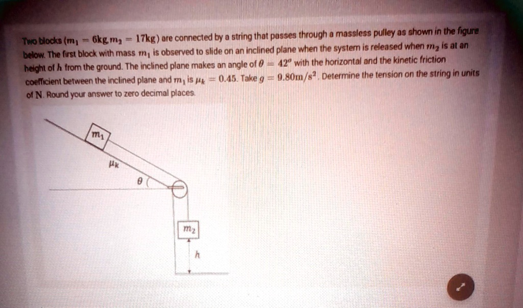 SOLVED: Two blocks, m = 6 kg and m = 17 kg, are connected by a string that passes through a ...