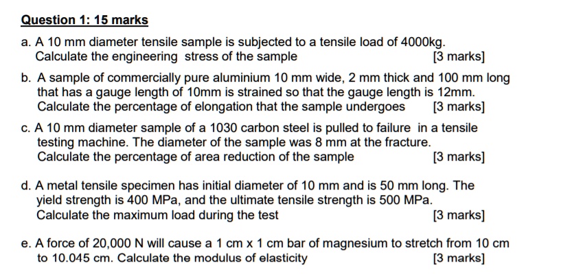 SOLVED: Question 1: 15 marks a. A 10 mm diameter tensile sample is ...