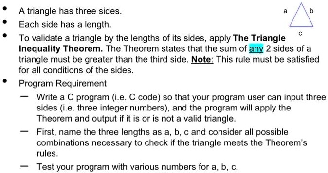 SOLVED: Please help me A triangle has three sides Each side has a length. To validate a triangle ...