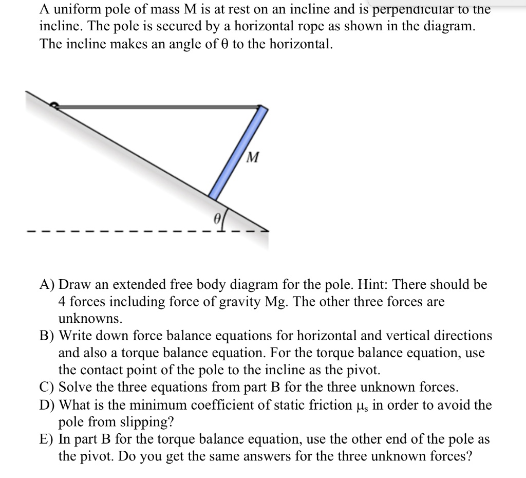 A uniform pole of mass M is at rest on an incline and is perpendicular ...