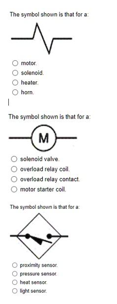 The symbol shown is that for a: motor. solenoid. heater. horn. The ...