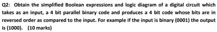 SOLVED: Q2: Obtain the simplified Boolean expressions and logic diagram of a digital circuit ...