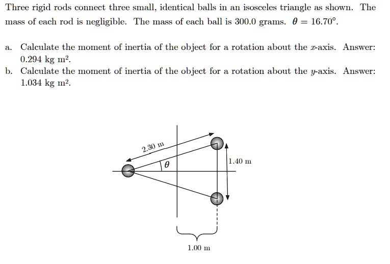 Three rigid rods connect three small, identical balls in an isosceles ...