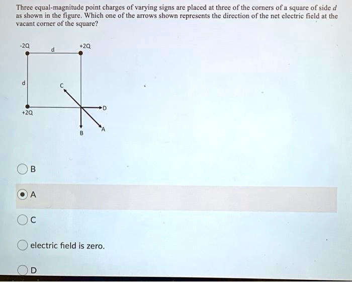 three equal magnitude point charges of varying signs are placed at three of the corners of a ...
