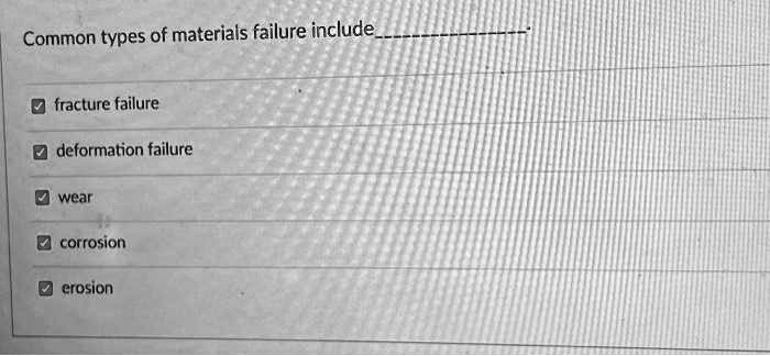 Common types of materials failure include fracture failure deformation failure wear corrosion ...