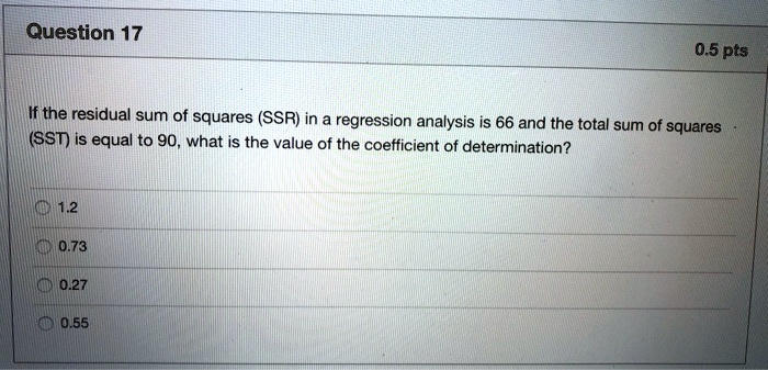Solved Question 17 05 Pts If The Residual Sum Of Squares Ssr In A Regression Analysis Is 66 