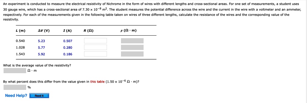 an experiment is conducted measure the electrical resistivity nichrome ...