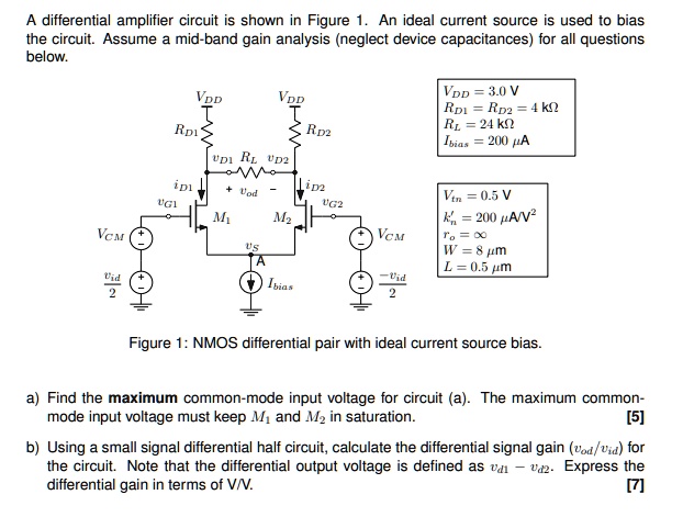 SOLVED: A differential amplifier circuit is shown in Figure 1. An ideal current source is used ...