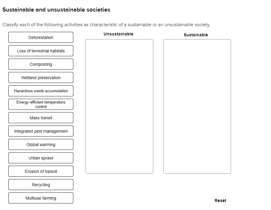 SOLVED: Text: Sustainable and unsustainable societies Classify each of ... SOLVED: Text: Sustainable and unsustainable societies Classify each of ...