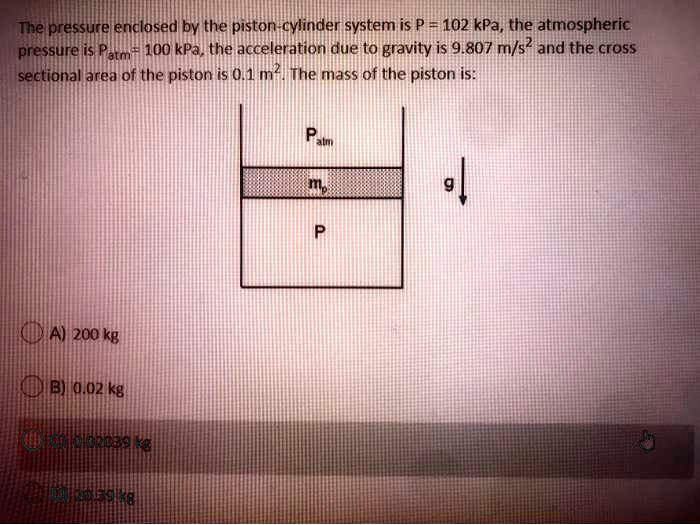 the pressure enclosed by the piston cylinder system is p 102 kpa the ...