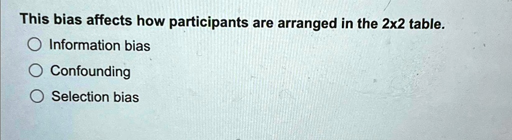 This bias affects how participants are arranged in the 2x2 table. Information bias Confounding ...
