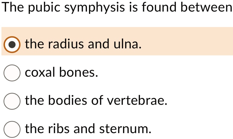 The pubic symphysis is found between the radius and ulna. coxal bones ...