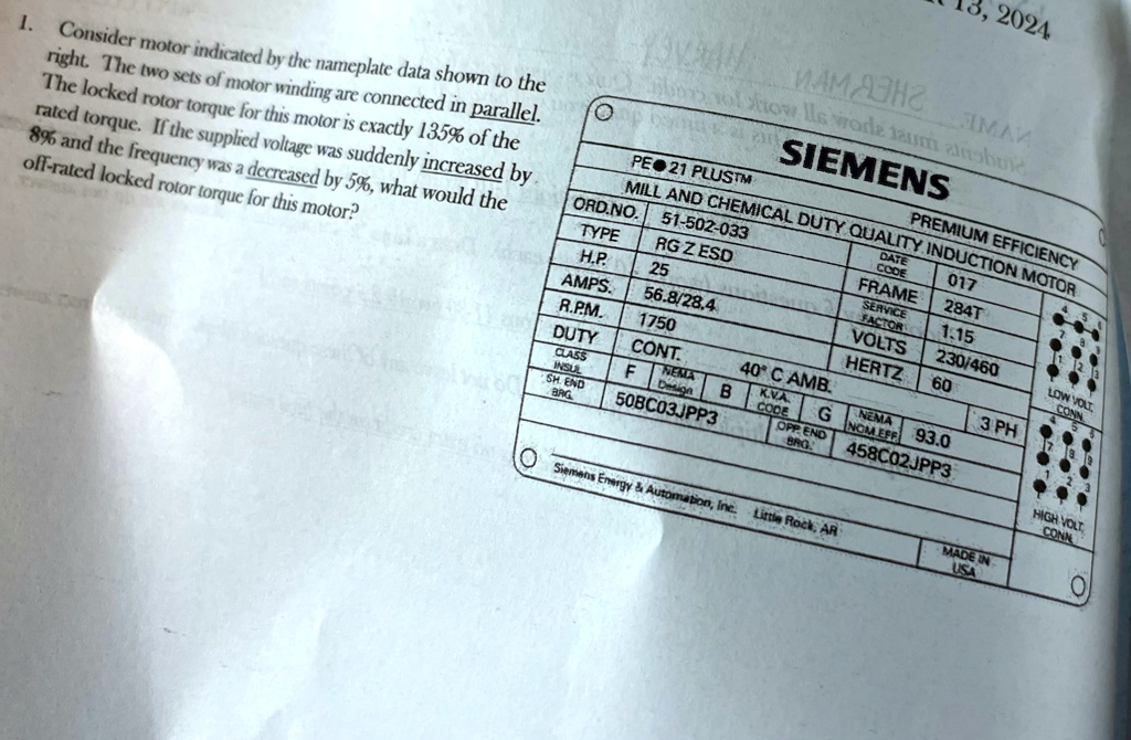1 consider motor indicated by the nameplate data shown to the right the ...